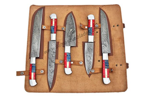 Damascus Steel Chef Knife Set with Genuine Leather bag