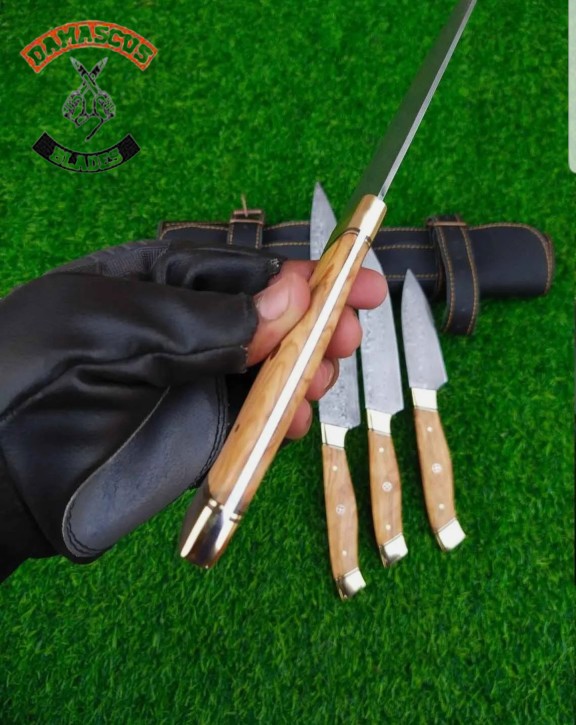 Hand Forged Kitchen Knives with Leather Bag | Damascus Blades