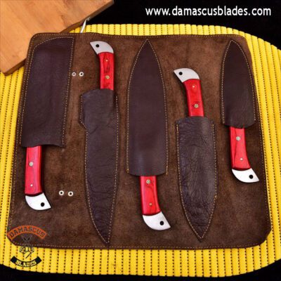 Red Handle Kitchen Knives Set Damascus Steel Chef Knife Set
