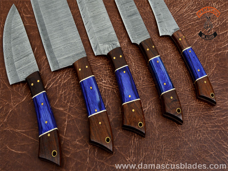 Real Damascus steel kitchen knife set with leather roll carry bag