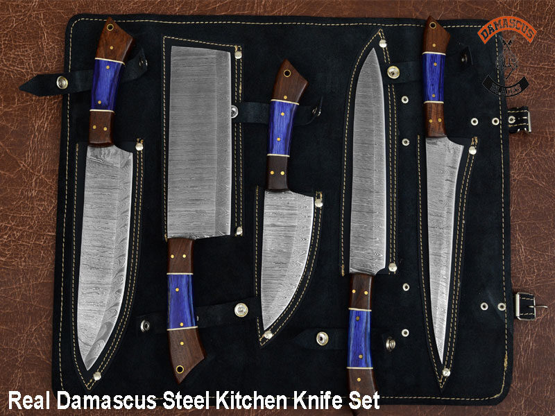 Real Damascus steel kitchen knife set with leather roll carry bag