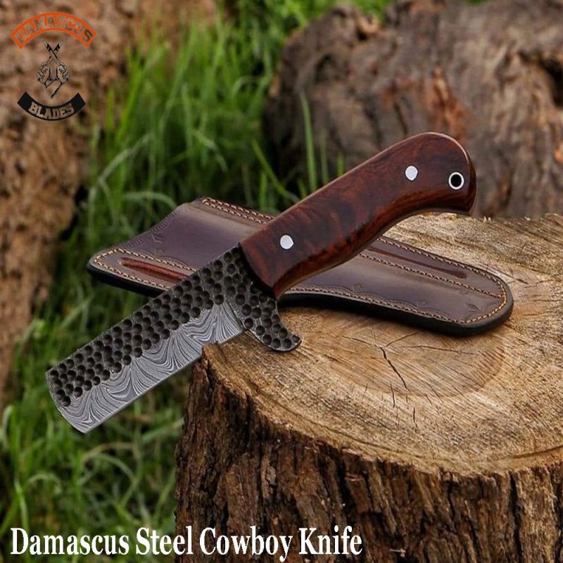 Damascus Steel Cowboy Knife with Leather Sheath | Damascus Blades